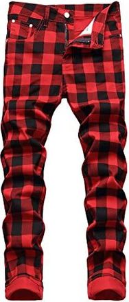 Generic 569 Pantalon en jean décontracté taille moyenne pour homme, imprimé à carreaux, fermeture éclair, poche à braguette, pantalon crayon 511, coupe ajusté