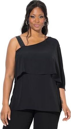 Ulla Popken Femme Grandes Tailles Blouse en Mousseline. Voile Effet épaule Nue. Manche 3/4. Coupe évasée Noir 50+ 836057130-50+