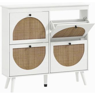 HOMCOM Homcom - Meuble &agrave; chaussures 4 portes abattantes - Capacit&eacute; 20 paires - Dimensions 105x24x97,5 cm - Fa&ccedil;ades en rotin - Pieds en pin blanc