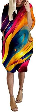 FNKDOR Robe Mini Femme 3D Imprimé Peinte Robe Tunique à Manches Longues Grande Taille Lâché Col Rond Courte Robe Décontractée avec Poches(A Jaune,XL)