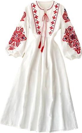 Generic Robe streetwear colorblock pour femme, col rond, manches longues, taille haute, robe midi ample, blanc, Taille unique