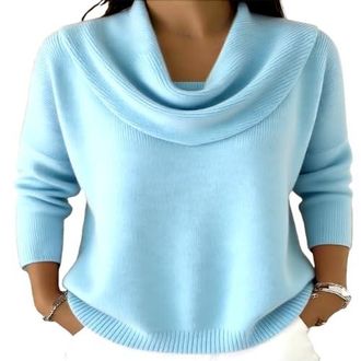 Generic Pull doux et &eacute;l&eacute;gant &agrave; col volant&eacute; pour femme, v&ecirc;tements dhiver, col b&eacute;nitier d&eacute;contract&eacute; &agrave; manches longues, bleu clair, 3XL