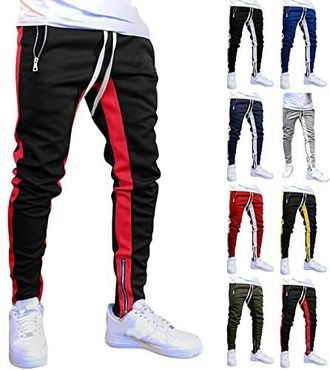 Generic Pantalon pour homme avec poches zipp&eacute;es - Pantalon de jogging &agrave; rayures lat&eacute;rales - Pantalon de jogging &agrave; fermeture &eacute;clair - Coupe ajust&eacute;e - Taille &eacute;l