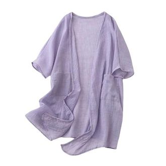 Generic Cardigan en coton et lin pour femme, coupe ample, manches courtes, d&eacute;contract&eacute;, l&eacute;ger, doux et respirant, chemisiers de plage avec poches, violet, XXL