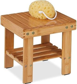 Relaxdays Badhocker aus Bambus, Sitzhocker mit extra Ablagefläche, HxBxT: 26 x 27 x 22,5 cm, Stauraum Flur & Bad, Natur