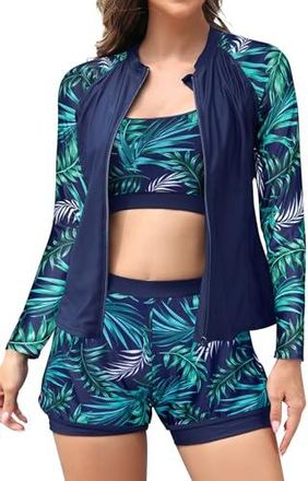 SHEKINI Maillot de bain 3 pièces pour femme avec fermeture éclair - Maillot de bain avec débardeur - Haut de bikini pour taille haute, Imprimé bleu profond, M
