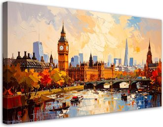 Feeby Leinwandbild - Bilder Wohnzimmer - Panorama von London Big Ben - 100x50 1tlg - Deko Schlafzimmer - Wanddekoration - Aesthetic - Gro&szlig; Moderne Bild - Fo
