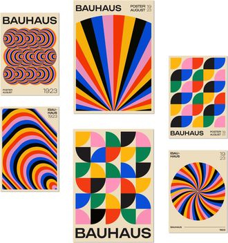 Nacnic Set mit 6 Postern Geometrische Bauhaus-Farben und -Formen Designillustrationen zur Dekoration der Wände Ihres Zuhauses. Räume A3 & A4 Rahmenlos