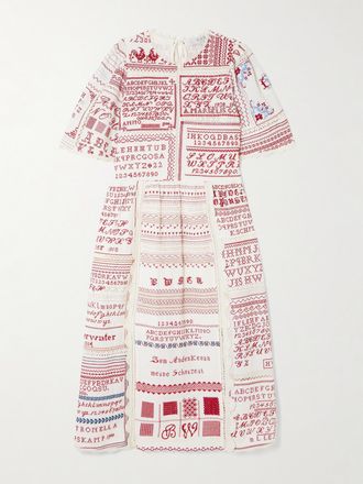 Sea New York Kit Midikleid Aus Einer Bestickten Baumwoll-leinenmischung Mit H&auml;kelbes&auml;tzen Und Wellenkanten - Rot