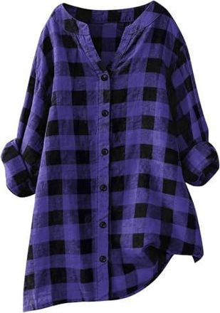 Generic Chemisier long &agrave; carreaux pour femme - Tunique longue - Grandes tailles - Col en V - Boutonn&eacute; - Confortable - D&eacute;contract&eacute; - Manches longues - Chemise 