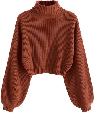 Zaful Strick Pullover Damen Rollkragen Cropped Elegant Langarm Laternen &auml;rmel Drop Shoulder Kurzer Pulli Turtleneck Sweater for Herbst Winter (1-Kastanienro