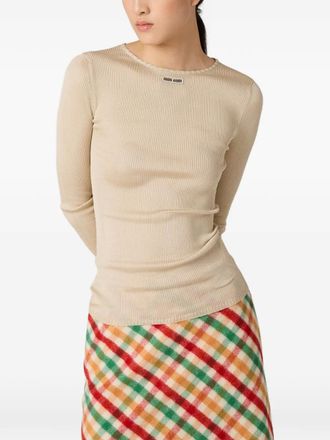 Miu Miu Geripptes T-Shirt mit Logo-Patch - Nude