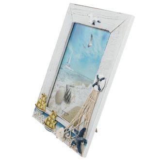 Supvox Holz Bilderrahmen 7 Zoll Tischdekoration mit Segelboot Wei&szlig; Mediterraner Stil Stabiler Fotorahmen aus Massivholz f&uuml;r Wohnraum