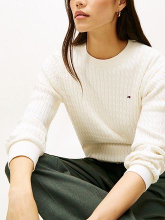 Tommy Hilfiger Rundhalspullover CO CABLE C-NK LS SWEATER Baumwolle, mit Zopfmuster, Regular Fit