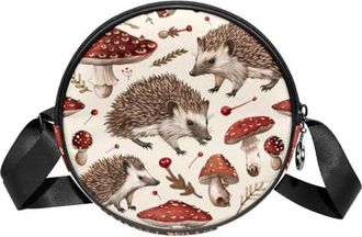 Generic Petit sac &agrave; bandouli&egrave;re circulaire pour femme, motif h&eacute;rissons, champignons, sac &agrave; dos &agrave; bandouli&egrave;re avec fermeture &eacute;clair, bretelles r&eacute;glables, sac &agrave;