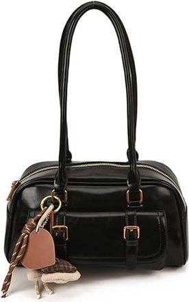 Generic Y2K Sac &agrave; bandouli&egrave;re r&eacute;tro pour femme en polyur&eacute;thane avec fermeture &eacute;clair Grande capacit&eacute; pour voyage, shopping, usage quotidien, Noir, 11.42*3.15*