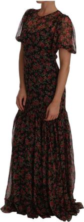 Dolce & Gabbana Femme, Robes, Multicolore, Taille: 36 FR Robe Maxi en Soie Imprimé Roses Rouges