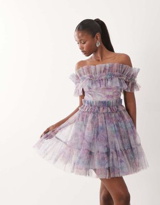 Lace & Beads Robe patineuse courte bandeau en tulle &agrave; volants et imprim&eacute; abstrait - Violet-Multicolore
