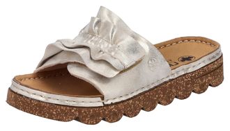 Rieker Pantolette RIEKER, Damen, Gr. 42, beige (hellbeige), Lederimitat, metallic, Schuhe Pantolette, Sommerschuh, Strandschuh, Hausschuh mit modischer Plate