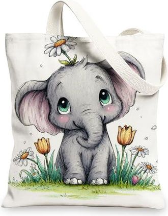 Generic Jolis sacs en toile avec motif &eacute;l&eacute;phant, sacs d&eacute;picerie r&eacute;utilisables avec imprim&eacute; animal, l&eacute;gers et lavables avec bandouli&egrave;re, blanc, 13x15 Inch