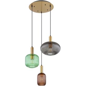 Globo Lighting Pendelleuchte Retro messing H&auml;ngelampe Esstisch Glas Pendelleuchte Glas 3 Flammig, rauch gr&uuml;n coffee, Alu Metall, 3x E27 Fassungen, DxH 55x130 cm