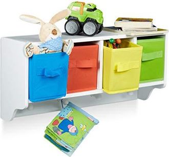 Relaxdays Kinder Wandregal ALBUS, Wandgarderobe mit 4 Kleiderhaken, Kinderregal mit 4 bunte Faltboxen, HBT: ca. 28 x 61 x 16 cm, weiß