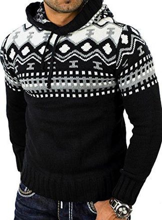 Reslad RS-3013 Pull dhiver norvégien à capuche | Pull en tricot pour homme - Noir - XXX-Large