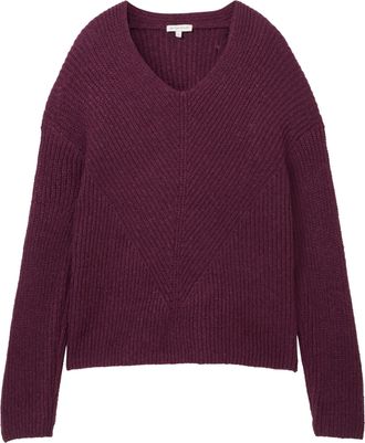 Tom Tailor Damen RIPP Strickpullover mit V-Ausschnitt, 35898 - Black Berry Melange, M