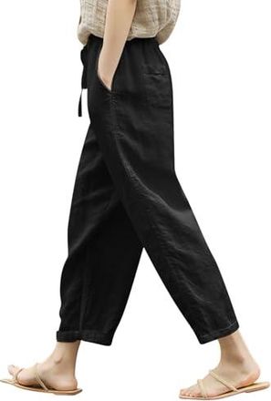 Generic Pantalon Ample Femme Fluide L&eacute;Ger Baggy Large High Waist Linen Capris Elastic Pant Basic Lightweight Vetement en Lin &eacute;t&eacute; Pantalons