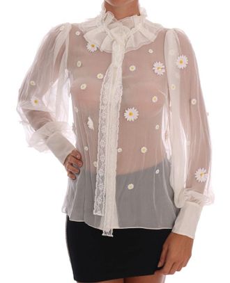 Dolce & Gabbana Womens White Daisy Applique Silk Shirt