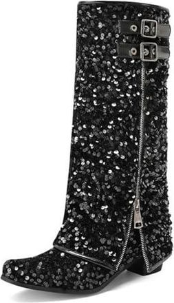 Generic Noir,43 EU,Bottes Hautes à Paillettes métalliques pour Femmes, Talons épais, Cuissardes avec Double Boucle de Ceinture, Fermeture éclair décorée mi-Mo