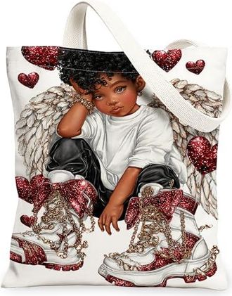 Generic Sacs fourre-tout en toile avec imprim&eacute; coeur, motif ange, l&eacute;ger, lavable et r&eacute;utilisable pour le shopping, les voyages, la plage et le r&eacute;veillon, blan