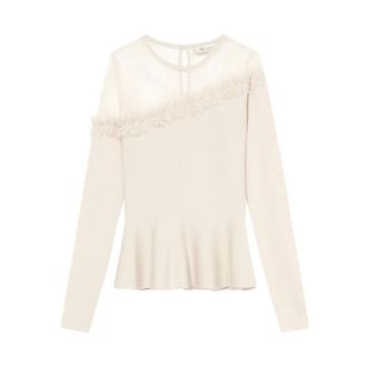 Blumarine Wollpullover mit T&uuml;ll-Carr&eacute; - - Knitwear - Damen - Beige - L