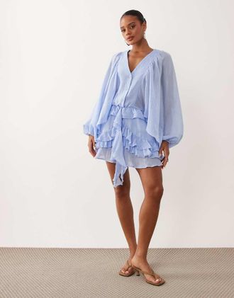 Gina Tricot Gina Tricot - Robe courte volant&eacute;e style boh&egrave;me - Bleu clair