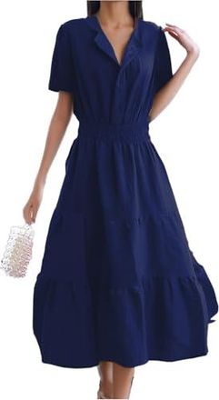 Generic Robe de plage boh&egrave;me 2026 pour femme d&eacute;t&eacute; 2025 d&eacute;contract&eacute;e midi maxi l&eacute;g&egrave;re &agrave; manches courtes col en V taille &eacute;lastique poches, noir fonc&eacute;, XXL