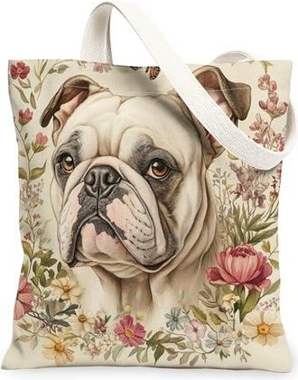 Generic Sac fourre-tout en toile motif bouledogue printanier 33 x 38,1 cm, sac d&eacute;picerie r&eacute;utilisable pour femme, animal de compagnie, peinture, d&eacute;coration ca