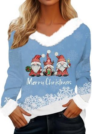 Generic Chemises à manches longues pour femme - Chemisier décontracté de Noël pour femme - Automne et hiver - Col en peluche - Imprimé de Noël - T-shirt ample
