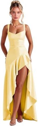 Generic Robe de bal en satin à bretelles spaghetti pour femme, robe de cocktail sirène à volants, robe longue élégante, robe de soirée asymétrique avec fente,