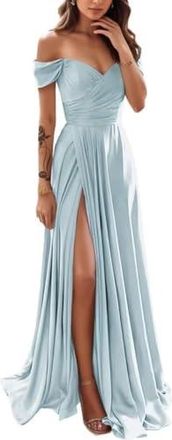 Generic Robe de bal en satin à épaules dénudées avec fente pour adolescentes, robe de demoiselle dhonneur longue plissée, bleu ciel, 58 Grande taille