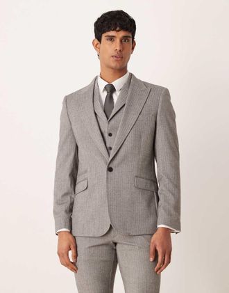 Asos Veste de costume ajust&eacute;e en flanelle &agrave; chevrons - Gris