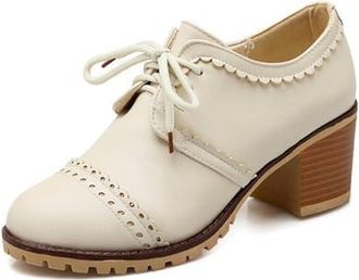 Generic Femmes Fermées Bout Rond PU Cuir Robe Escarpins Lacer Brogue Oxfords Talon Bloc Haut Vintage Chaussures,Beige,35.5 EU
