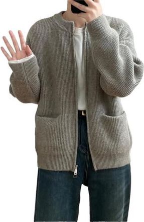 Generic Cardigan à manches longues et poches à col rond avec double fermeture éclair pour femme, gris, M