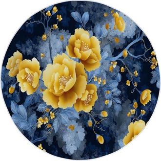 Generic Bleu Foncé Tapis Rond Style Japonais Lavable, antidérapant léger à Poils Courts Tapis Rond, imprimé Élégant Fleurs Fleurs De Cerisier pour Salon Chamb