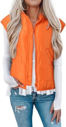 Generico Gilet rembourré court pour femme avec fermeture éclair Gilet en duvet élégant et léger avec poches et col haut Veste matelassée Manteau dhiver chaud s