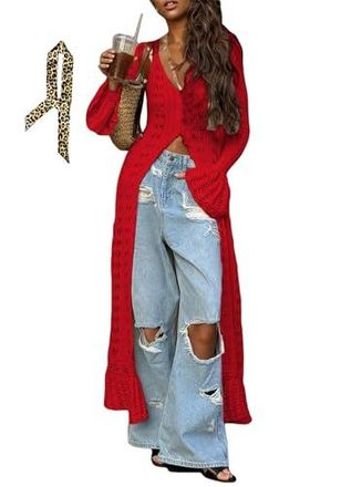 Generic Cardigan long en crochet &agrave; manches longues pour femme, Rouge, M