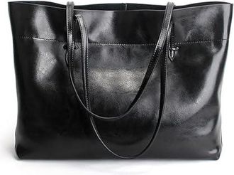 Generic Sac &agrave; main marron pour femme 100 % cuir v&eacute;ritable sac &agrave; bandouli&egrave;re pour femme sac fourre-tout grande capacit&eacute;, Noir, (30cm(Max Length(50cm)