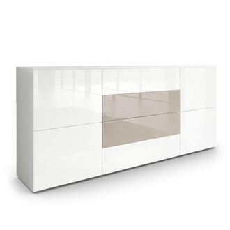 Vladon Sideboard Rova, Made in Germany, Kommode mit 4 T&uuml;ren und 4 Schubladen, Wei&szlig; matt/Wei&szlig; Hochglanz/Sandgrau Hochglanz (166 x 72 x 35 cm)