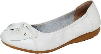 Rismart Femme Cuir Ballerines Enfiler Ballerine Pompe Travailler Chaussure avec Arc Blanc,35