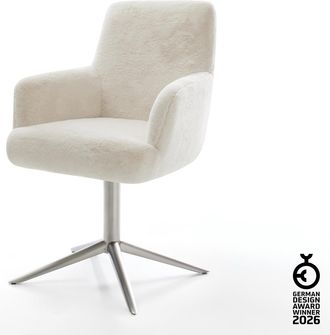 DELIFE Drehstuhl Heira-Flex mit Armlehnen Pl&uuml;sch Creme-Wei&szlig; Fu&szlig;kreuz Edelstahl 360&deg; drehbar Wippfunktion Taschenfederkern, Esszimmerst&uuml;hle