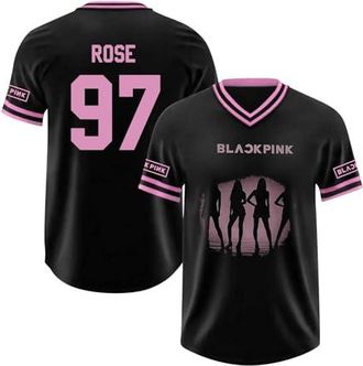 Generic Maillot de Baseball imprimé Noir et Rose Kpop Lisa Jennie Jisoo Rose, t-Shirt de Baseball Hip-hop à col en V pour Les Fans de Musique 02-6 L